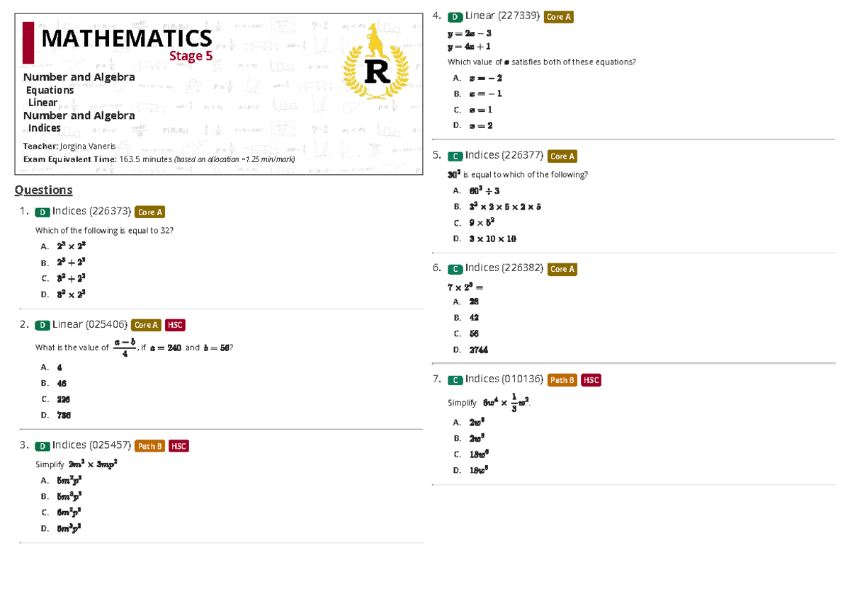 Yr10 ADV AT2 Revision: Equations & Indices (227339) Core A - Studocu