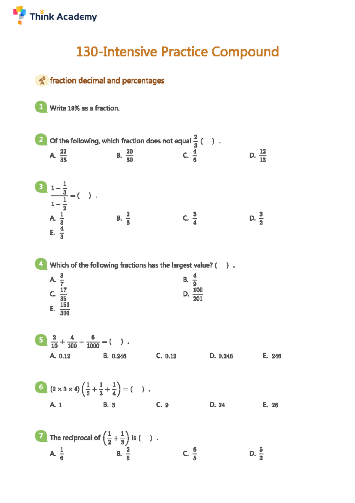 130-Intensive Practice on Compound Fractions, Decimals & Percentages ...