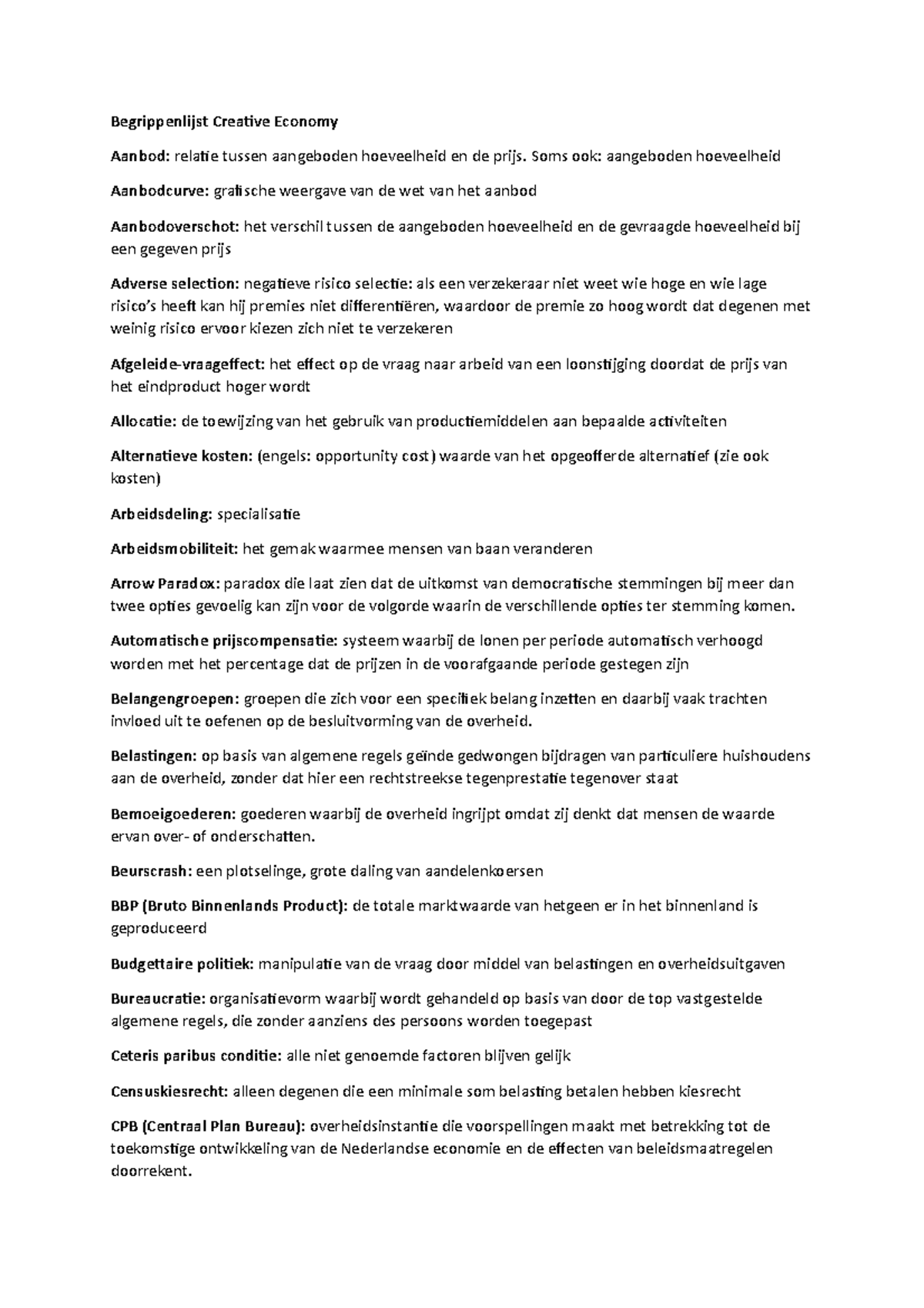 Begrippenlijst Creative Economy - Samenvatting van Economisch Denken ...