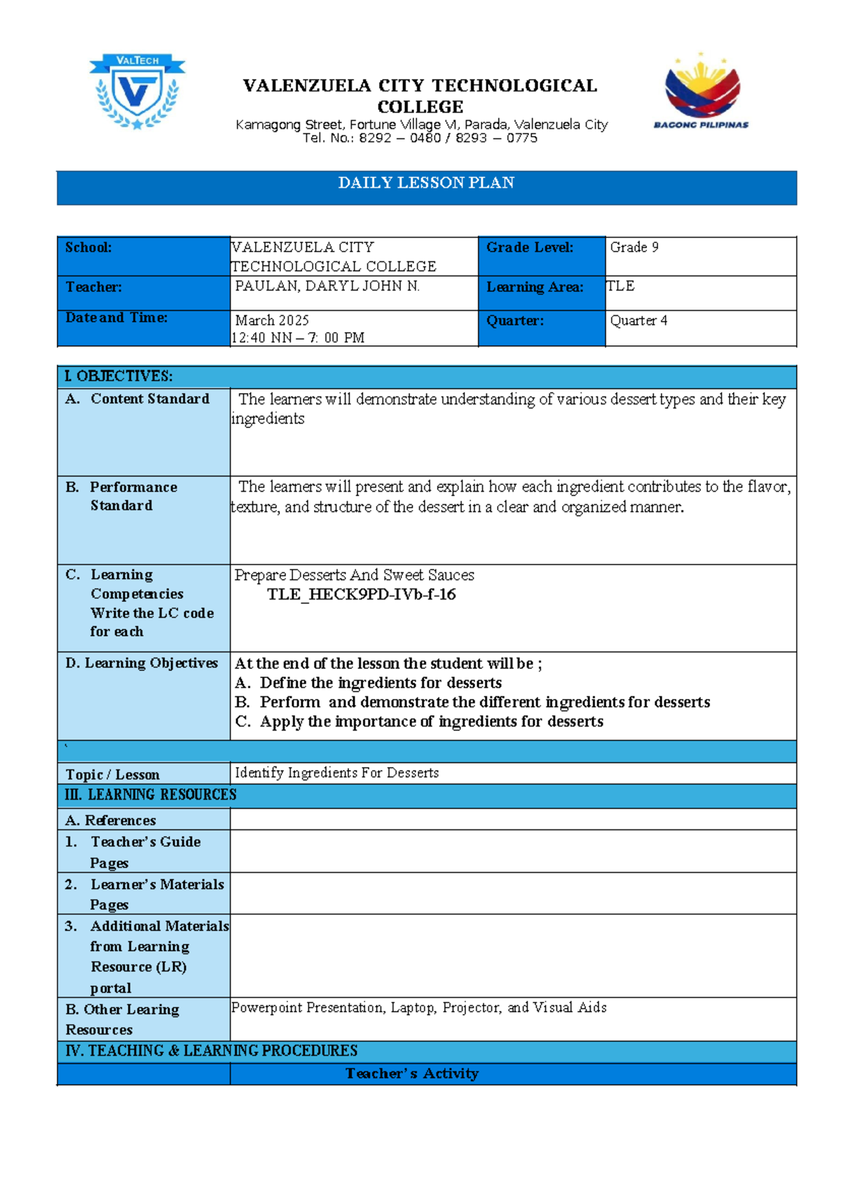 Grade 9 TLE Daily Lesson Plan: Understanding Dessert Ingredients - Studocu