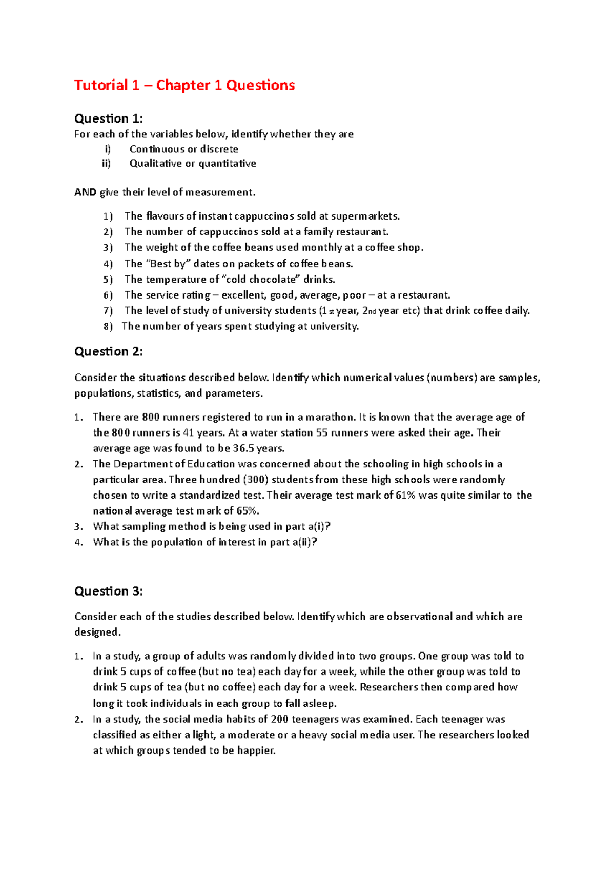 Stats 101: Tutorial 1 - Chapter 1 Questions & Answers - Studocu