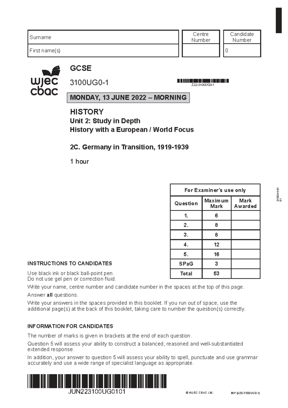 GCSE History Unit 2C: Germany in Transition Exam Paper - June 2022 ...