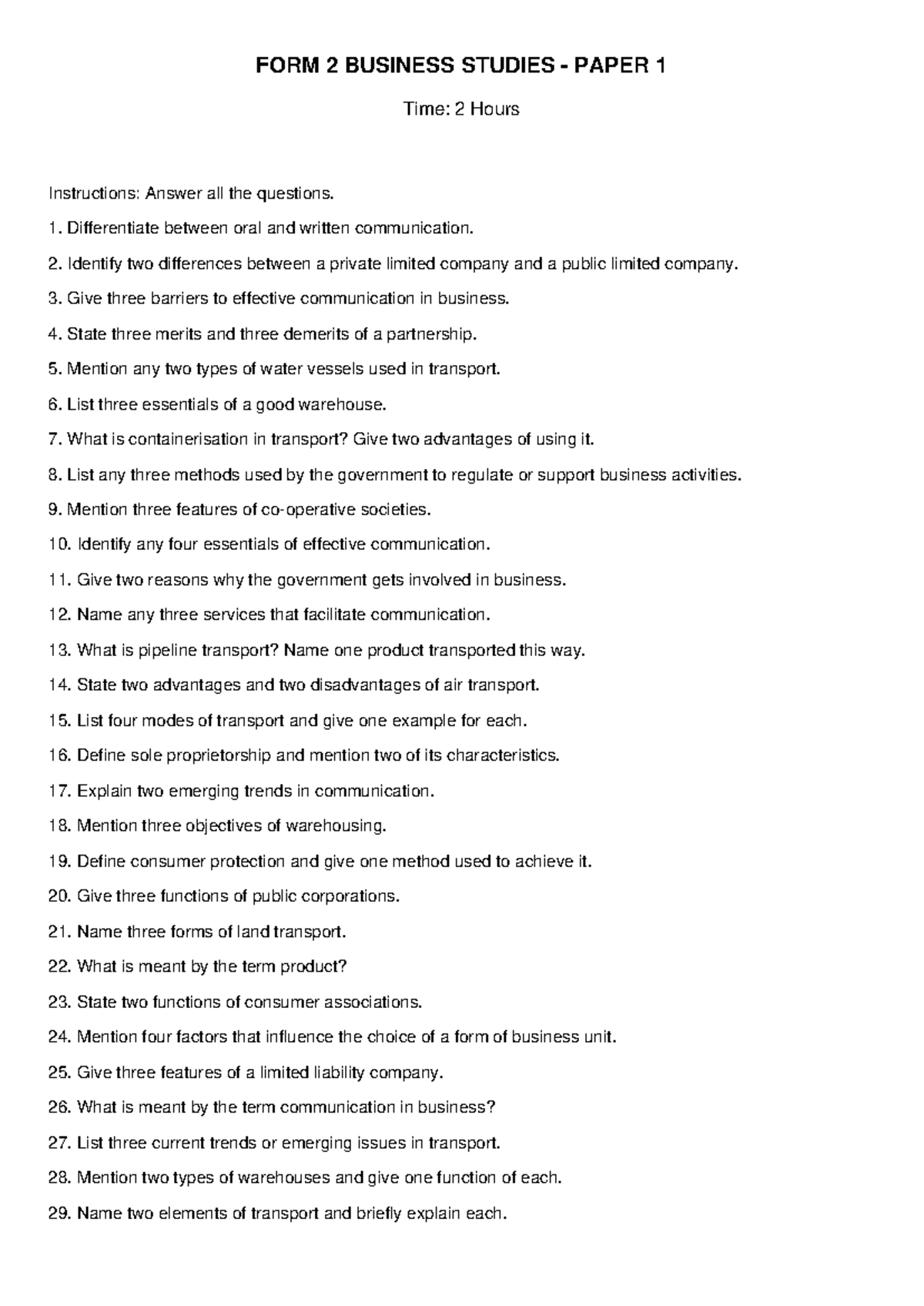 Form 2 Business Studies Paper 1: Key Concepts & Communication - Studocu