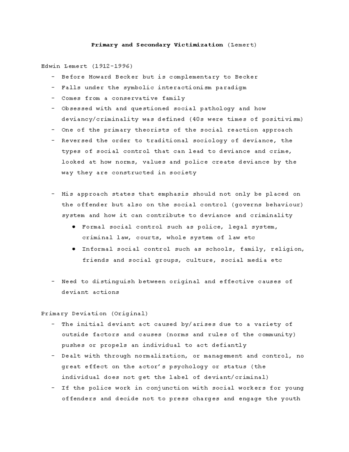 Crm2302 Lecture Notes: Lemert's Theory of Victimization and Deviance ...