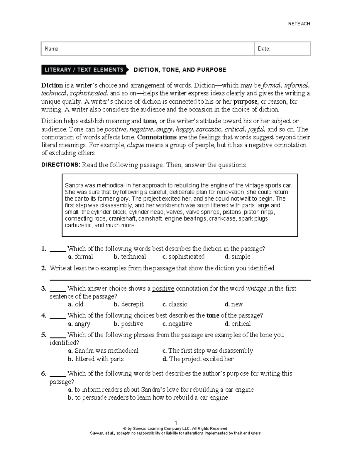 DICTION, TONE, AND PURPOSE: RETEACH Study Guide - Studocu