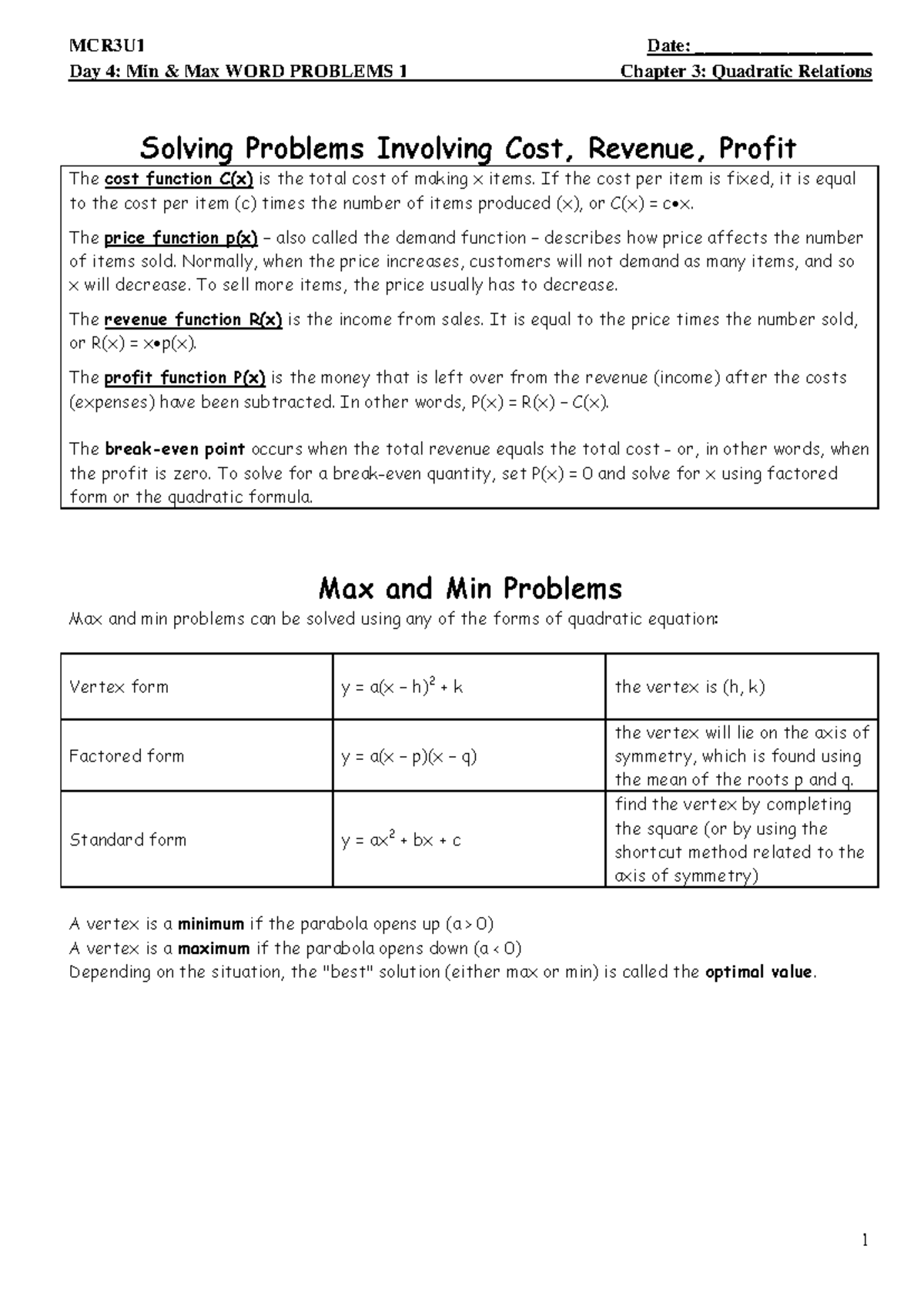 Solving Quadratics word problems - MCR3U1 Date: ___________________ Day ...