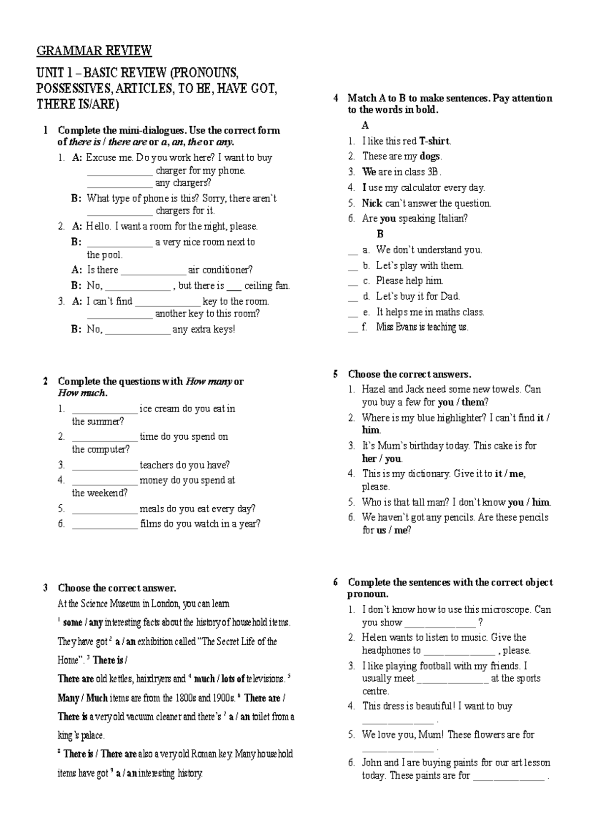 Grammar Practice - Basic Review Exercises (Unit 1: Pronouns & Articles ...