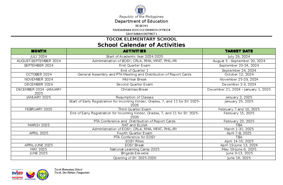 School Calendar of Activities for SY 2024-2025 at Tocok Elementary ...