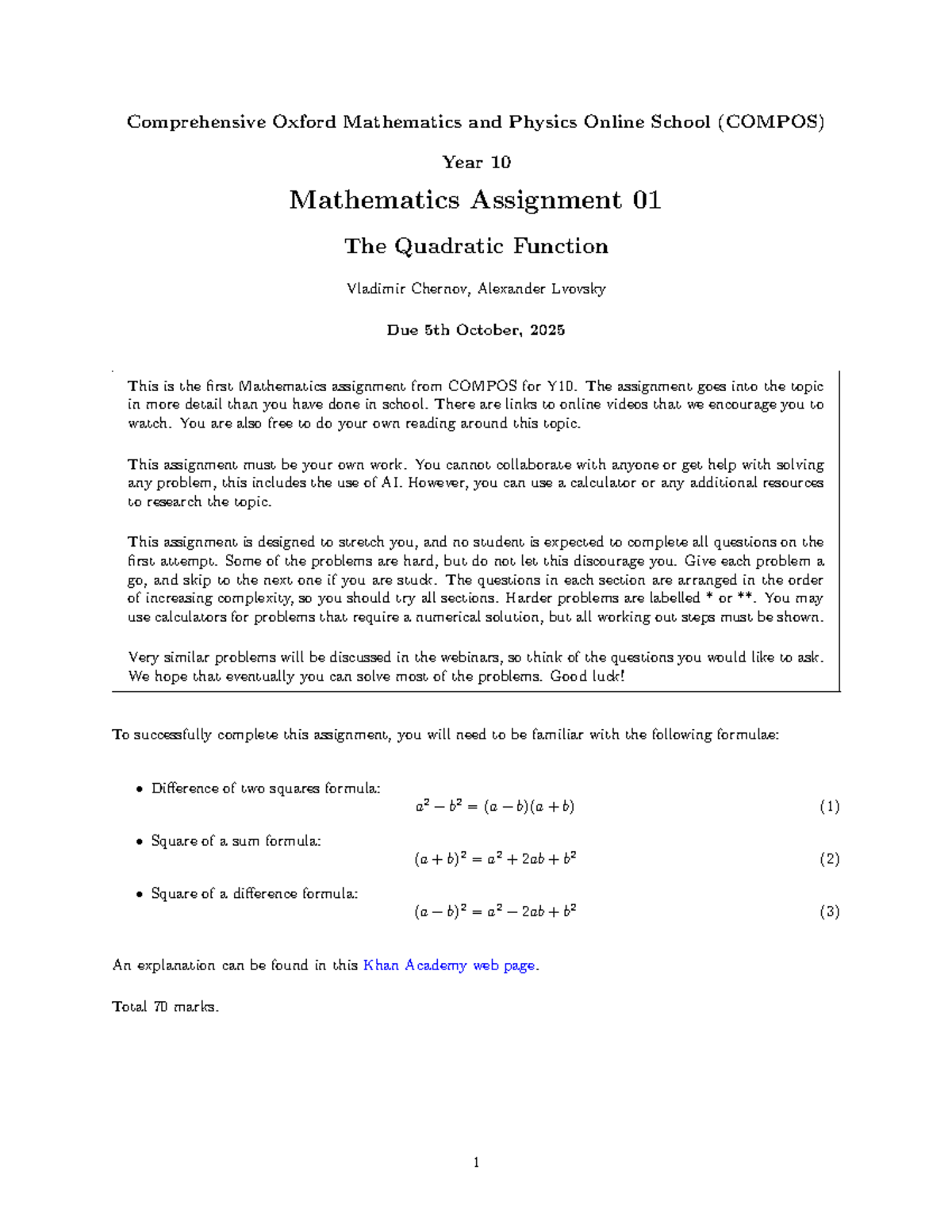 COMPOS Year 10 Math Assignment 01: The Quadratic Function - Studocu