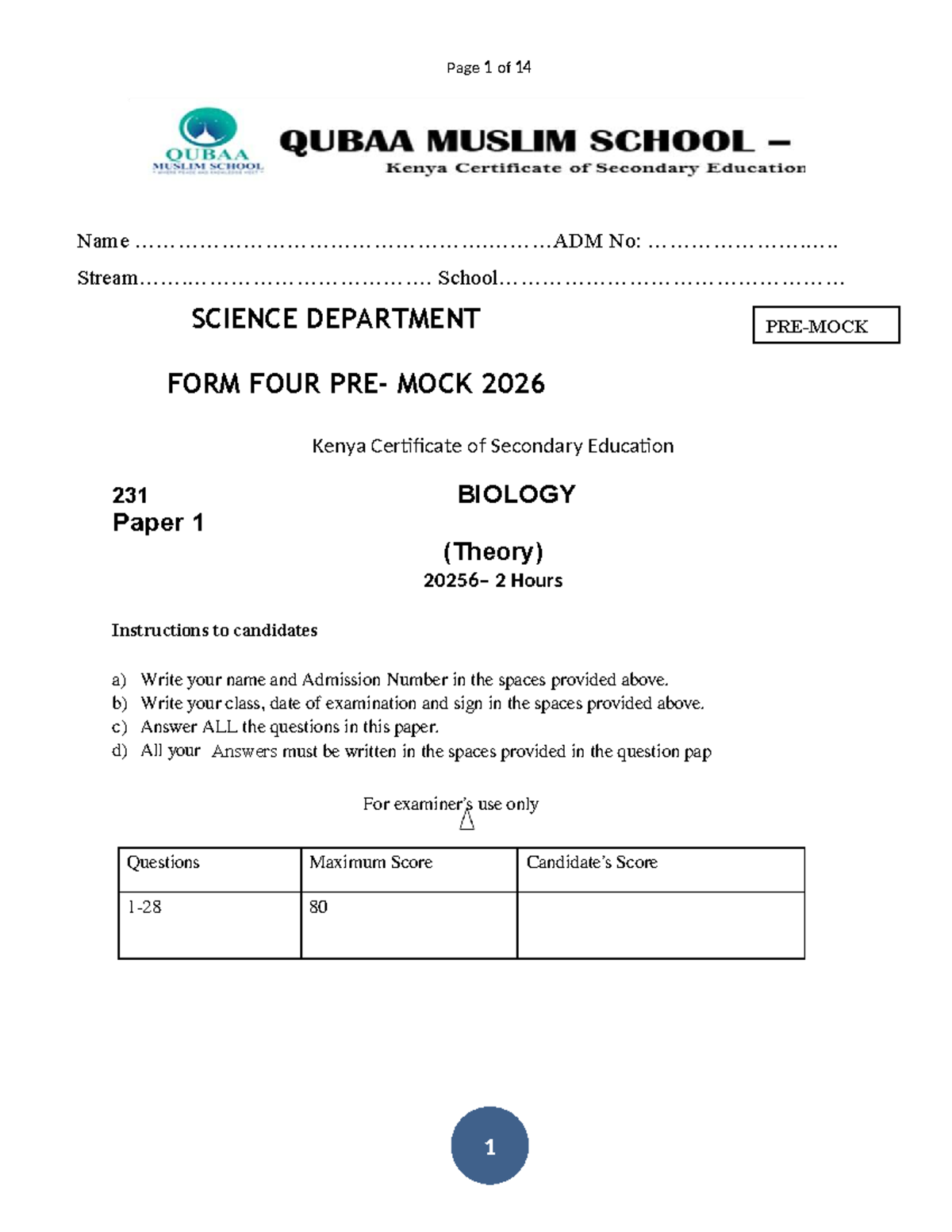 BIO 231 Form Four Mock 2026 - Biology Paper 1 (Theory) - Studocu