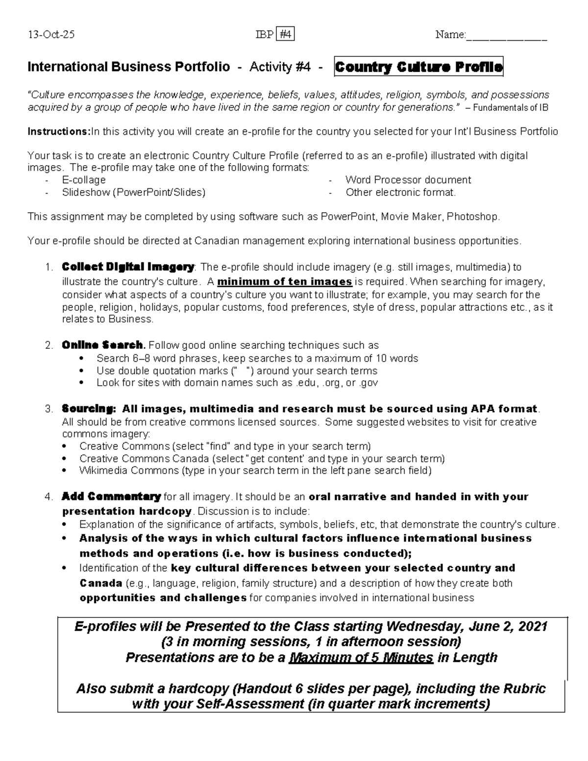 IBP International Business Portfolio: Country Culture Profile Activity ...