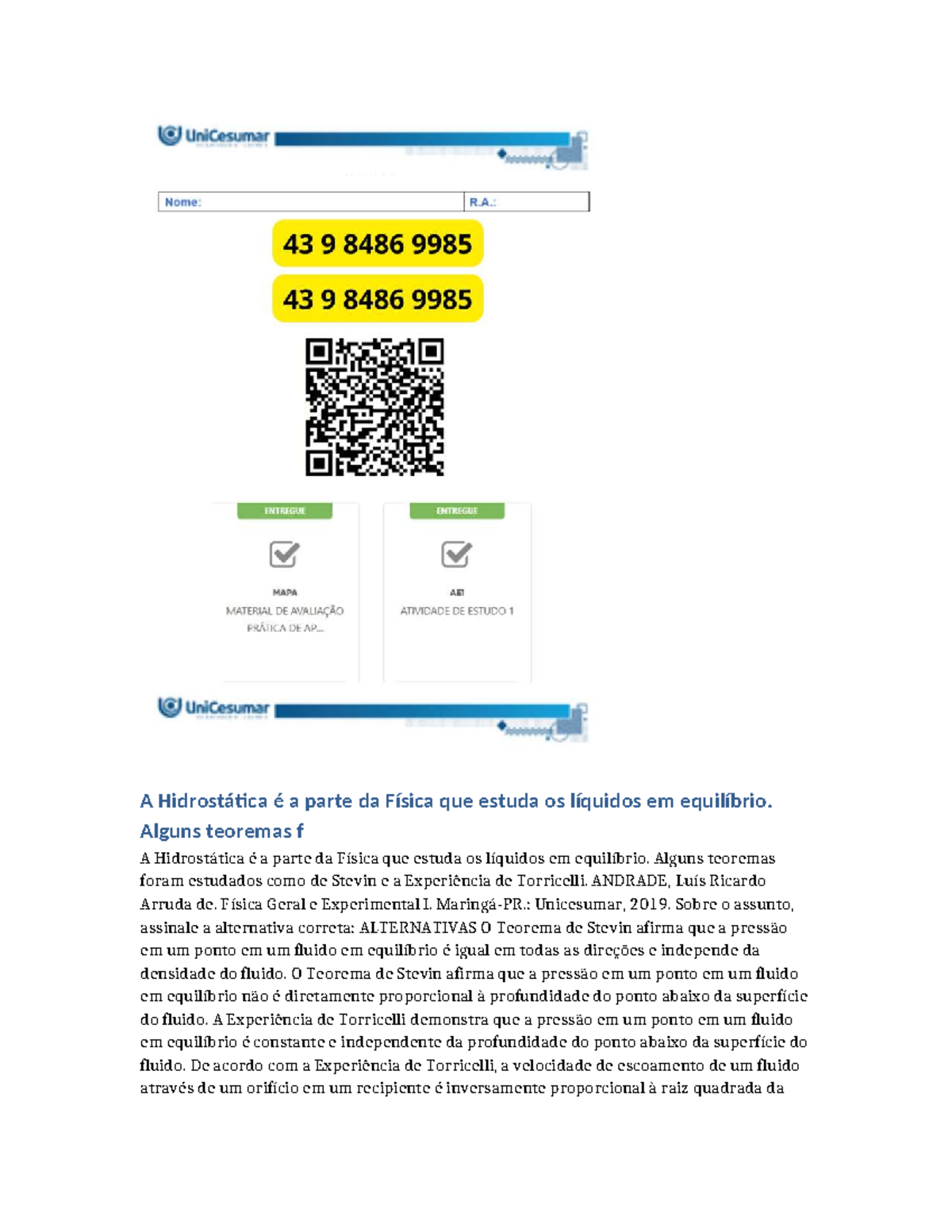 Estudo sobre Hidrostática: Teoremas de Stevin e Torricelli - Studocu