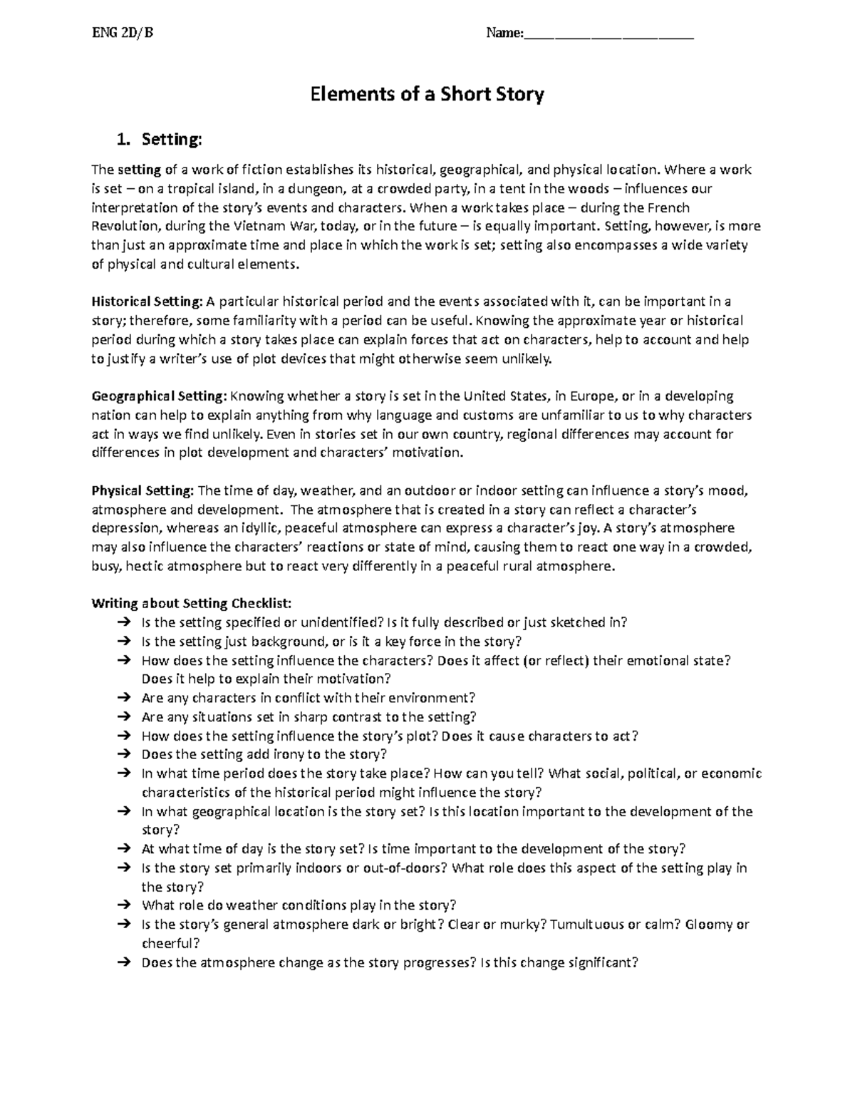 ENG 2 Elements of a Short Story: Setting, Character, POV, and Theme ...