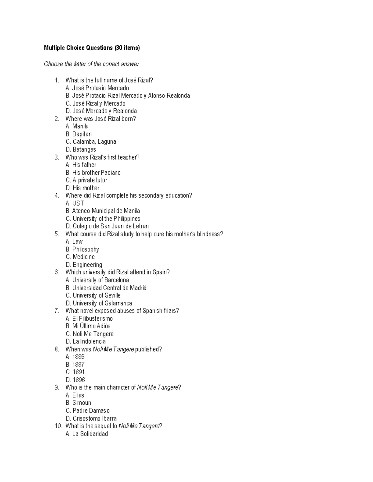 Rizal (HIST101) Multiple Choice Questions & Answers - Studocu