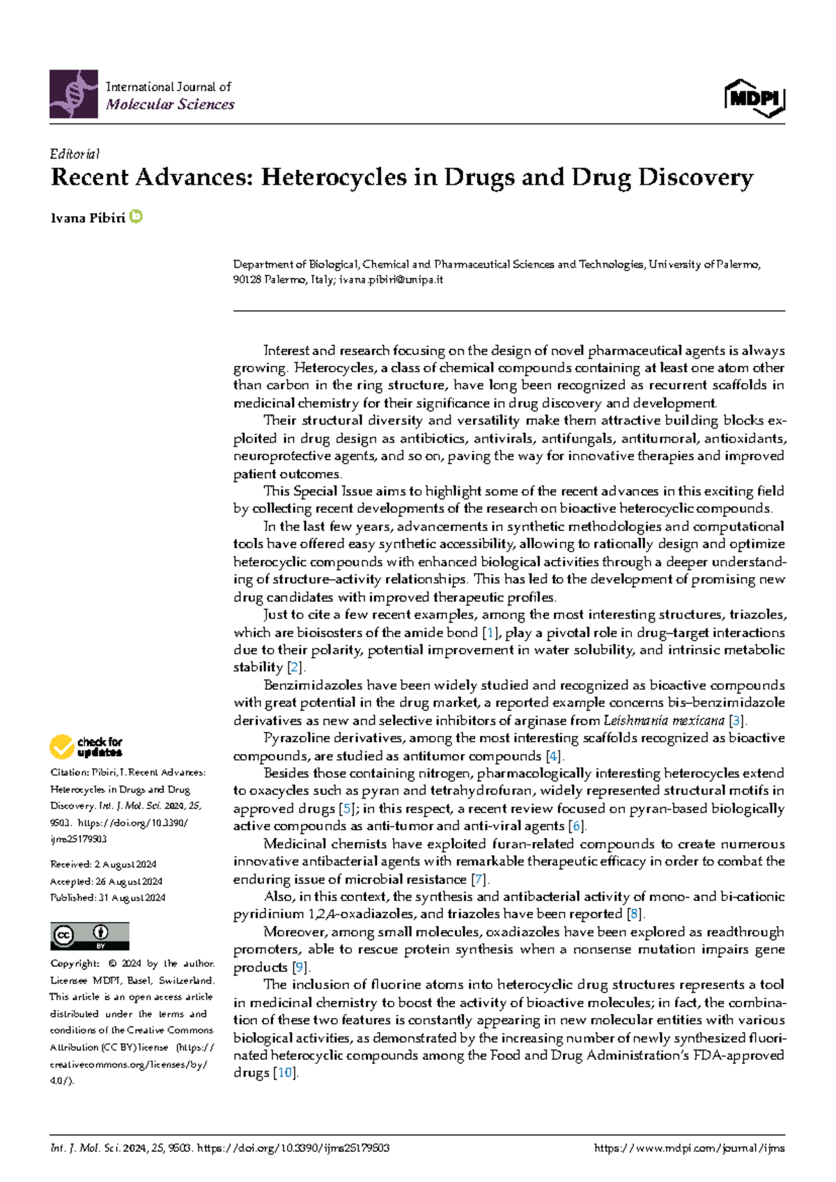 Recent Advances in Heterocycles for Drug Discovery (Int. J. Mol. Sci ...