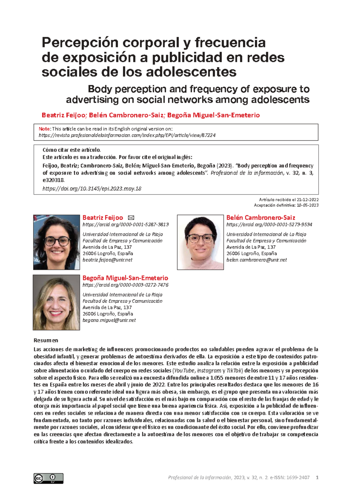 Percepción corporal y publicidad en redes sociales: Estudio en ...