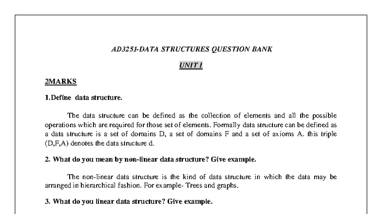 DATA STRUCTURES QUESTION BANK UNIT I & II 2 MARKS - Studocu