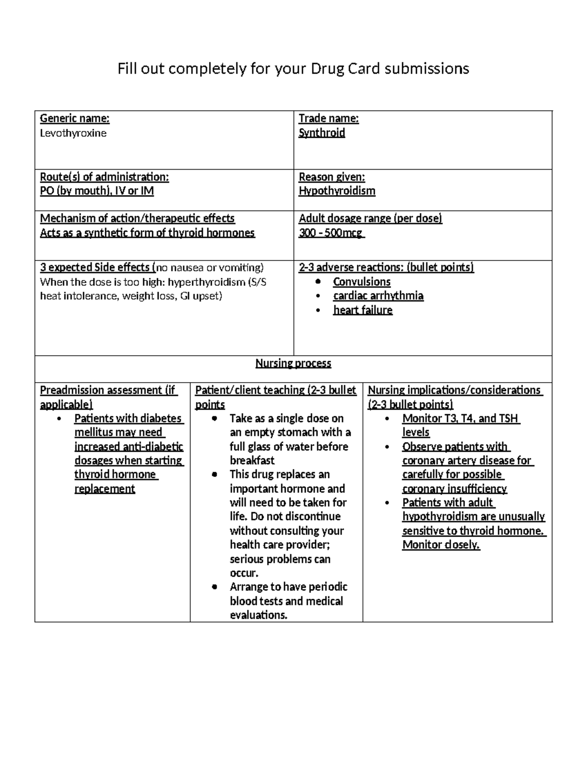 Drug Card Submission: Levothyroxine (Hypothyroidism) - Studocu