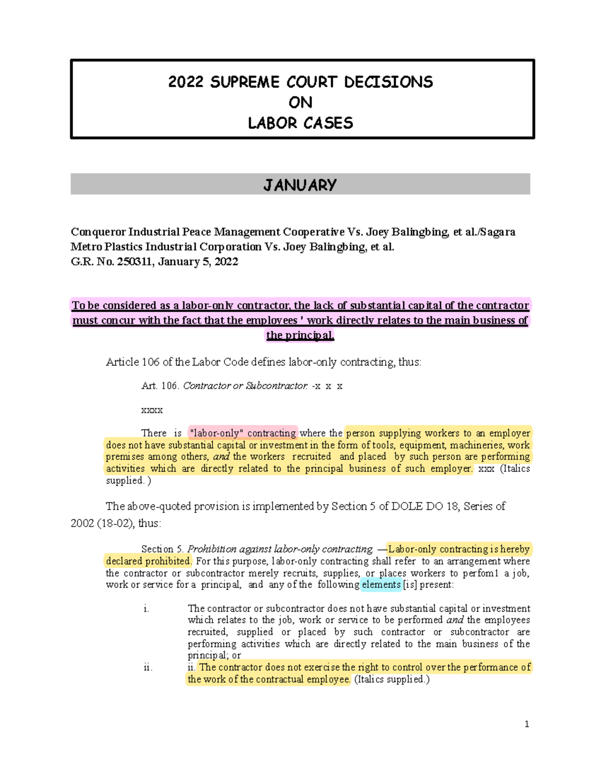 2022-Labor-Jurisprudence LLR-Class - 2022 SUPREME COURT DECISIONS ON ...