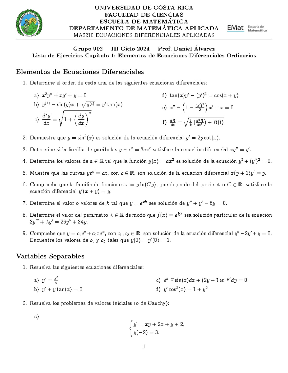 Lista 1 - Ejercicios de Ecuaciones Diferenciales MA2210 - Studocu