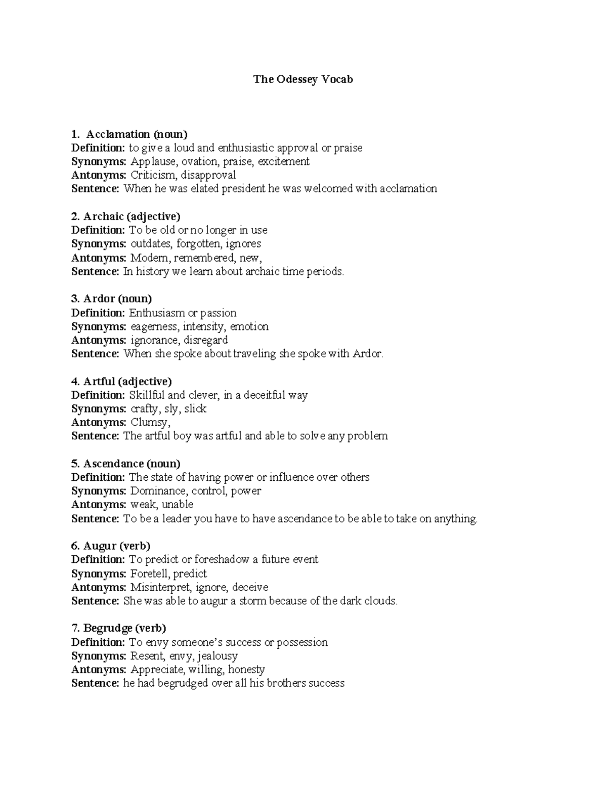 Vocabulary List from The Odyssey for Academic Use - The Odessey Vocab ...
