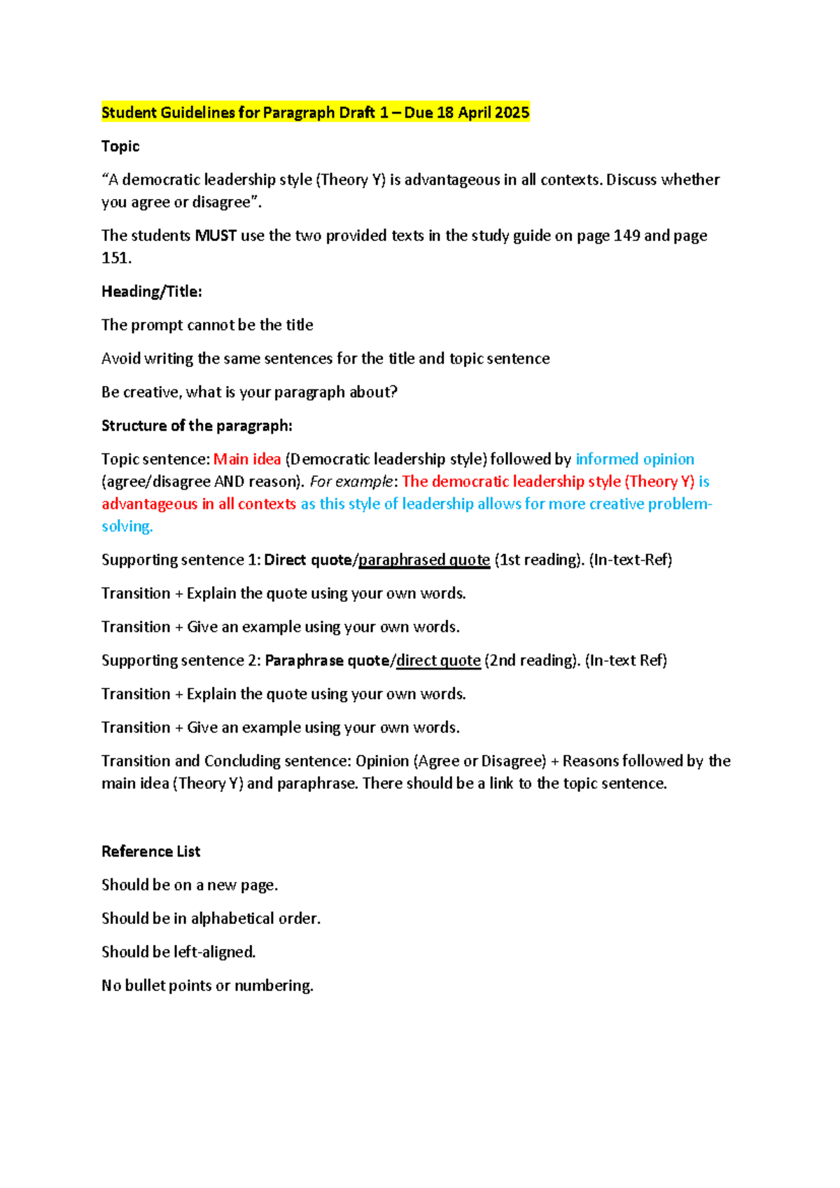 Student Guidelines for Paragraph Draft 1: Democratic Leadership Style ...