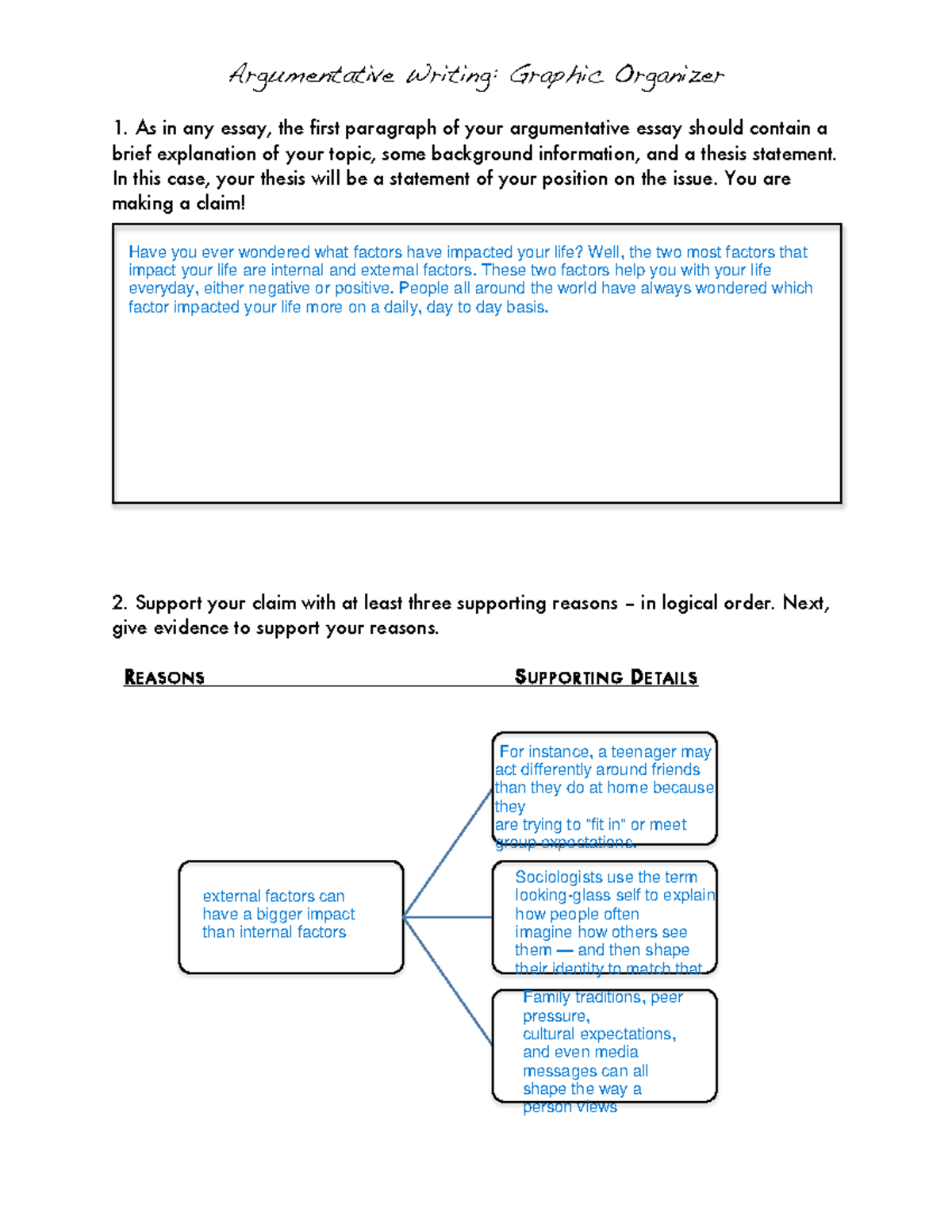 Argumentative Essay Organizer: Factors Impacting Life - Studocu