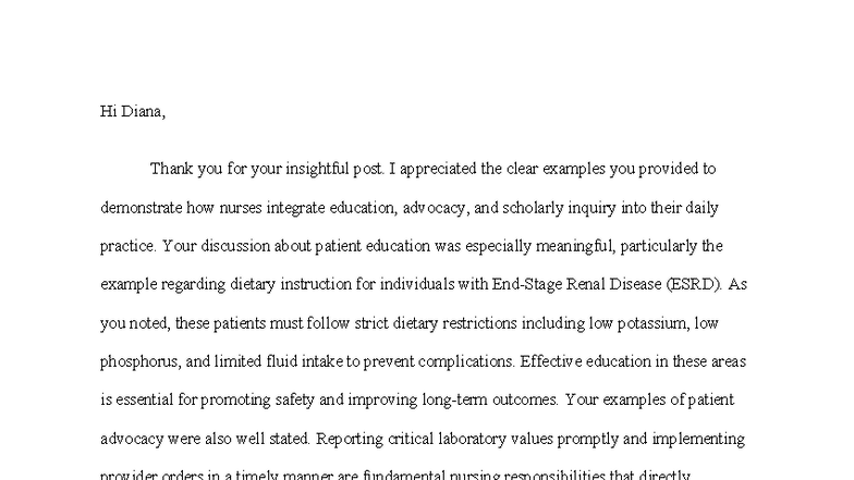 Peer Response 2: Integrating Education & Advocacy in Nursing Practice ...
