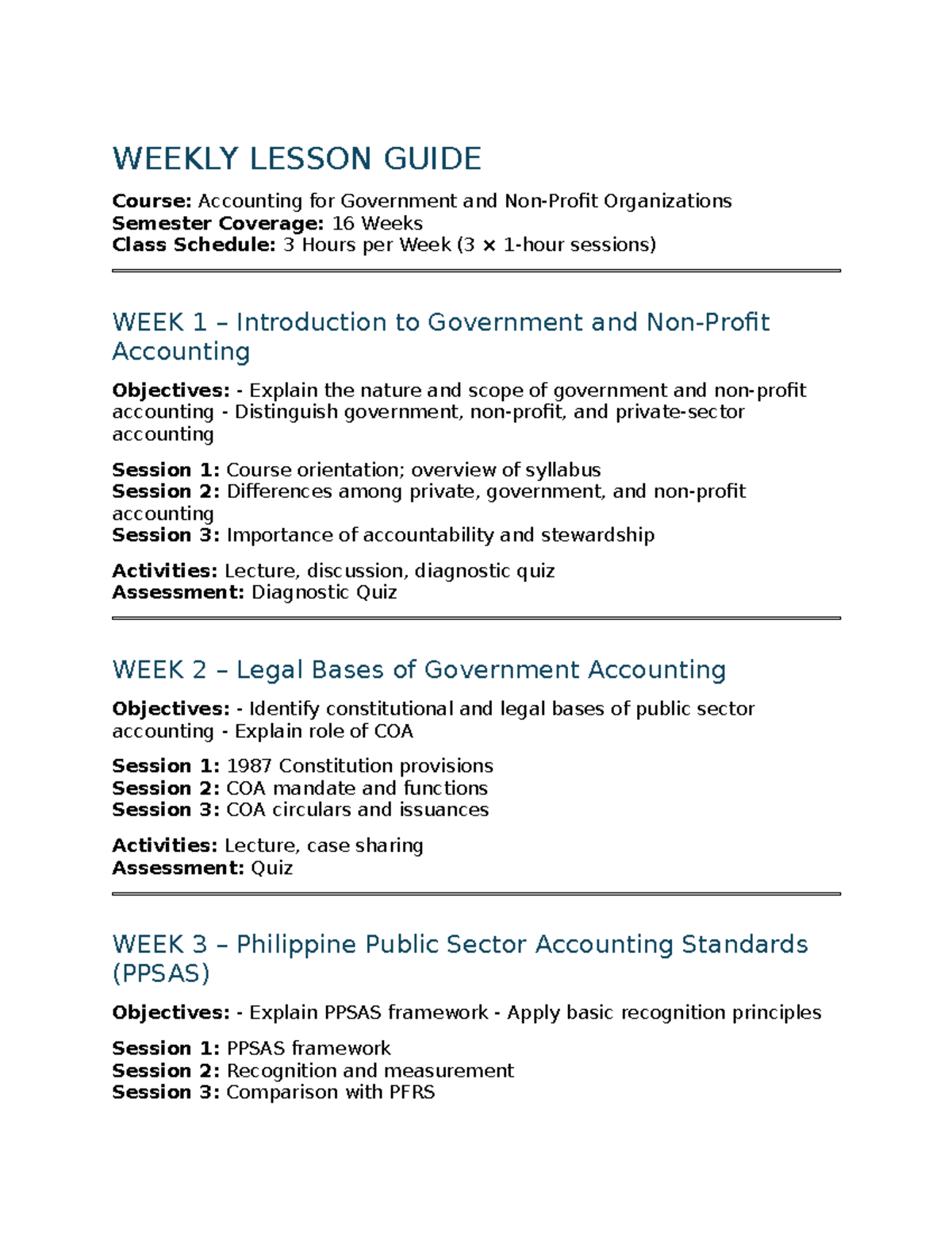 Weekly Lesson Guide: ACC 101 - Accounting for Government & NPOs - Studocu