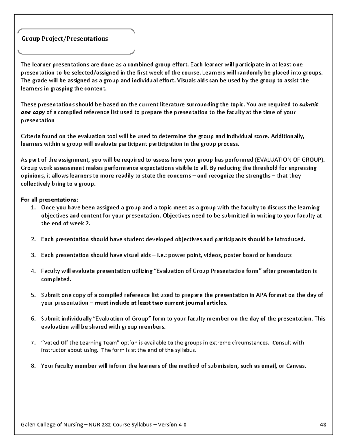 NUR 282 Group Presentation Guidelines and Evaluation Rubric - Studocu