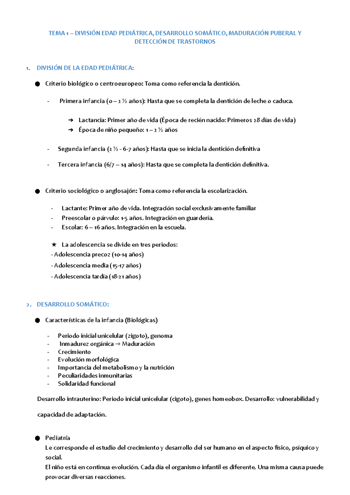 TEMA 1: Divisiones de la Edad Pediátrica y Desarrollo Somático - Studocu