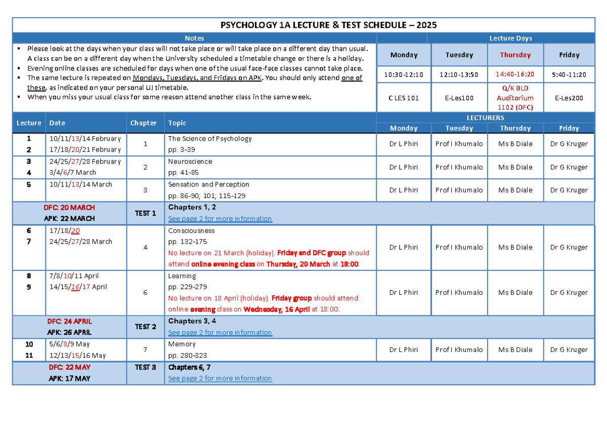 Psychology 1A Lecture Schedule 2025-APK DFC with Tests - PSYCHOLOGY 1A ...