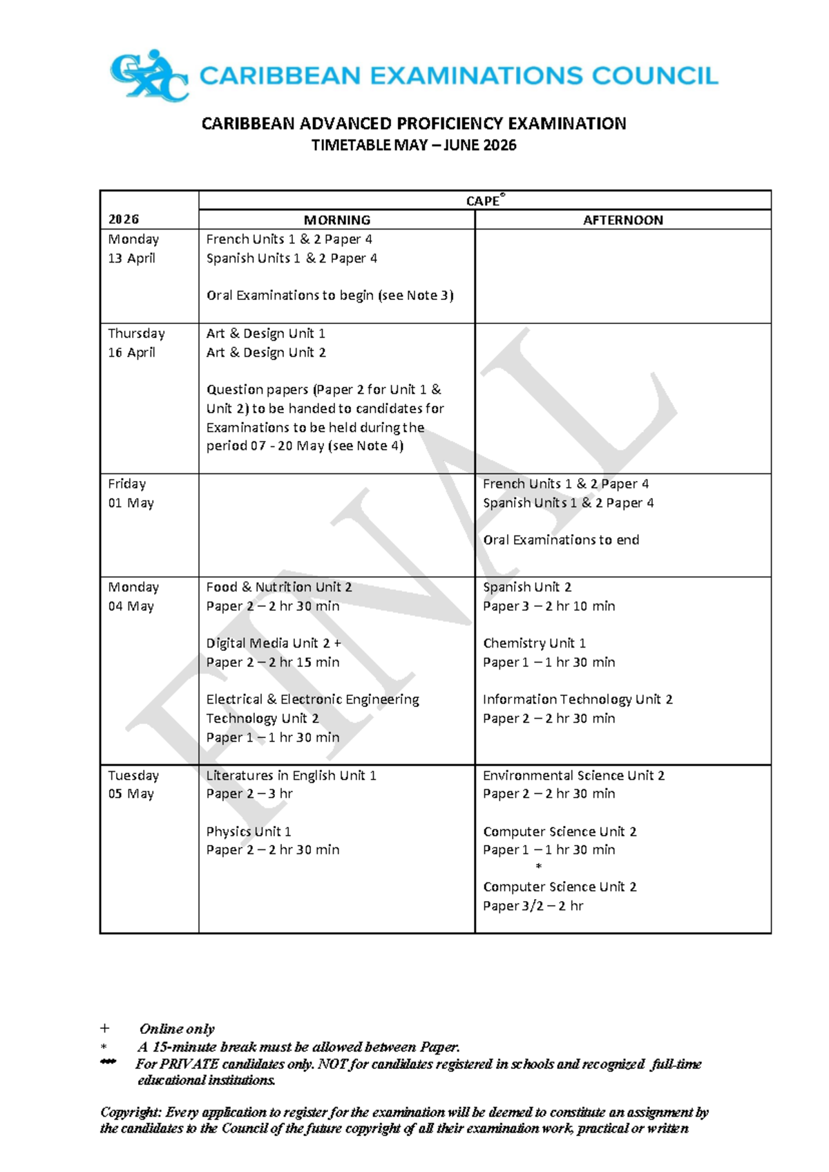 CAPE Timetable for May-June 2026 Examinations - Studocu