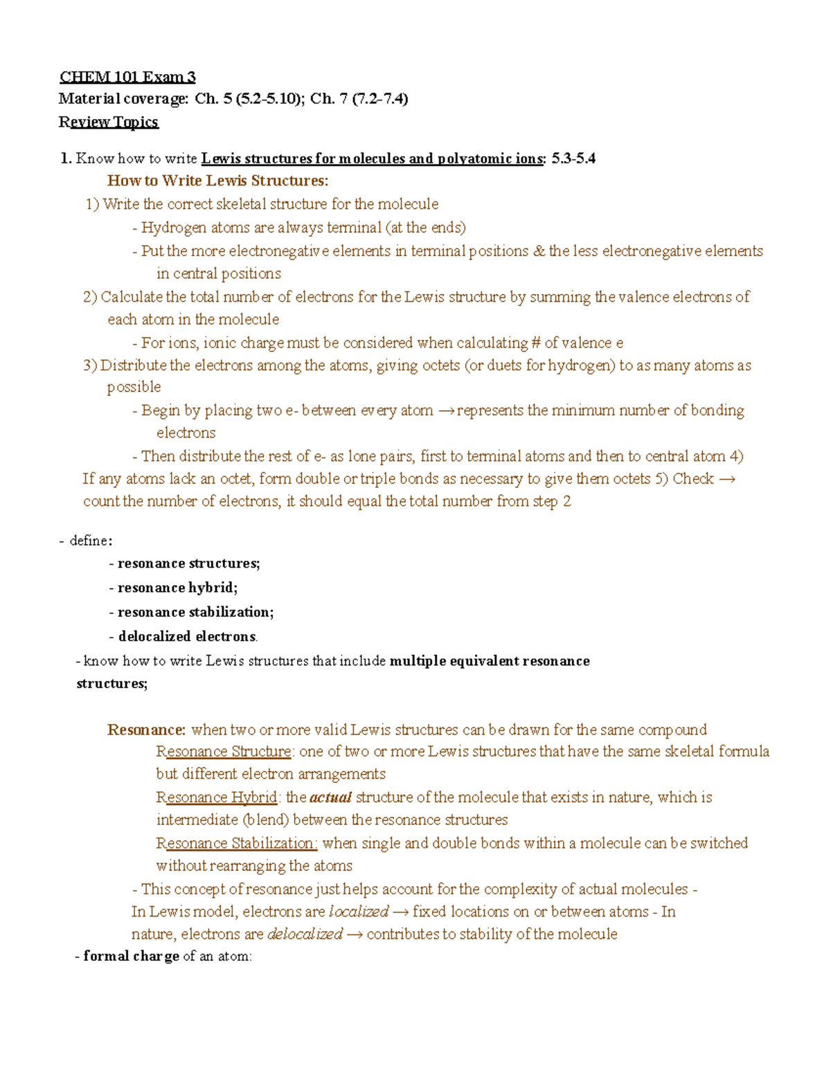 CHEM 101 Exam 3 Review Sheet: Key Concepts from Ch. 5 & 7 - Studocu