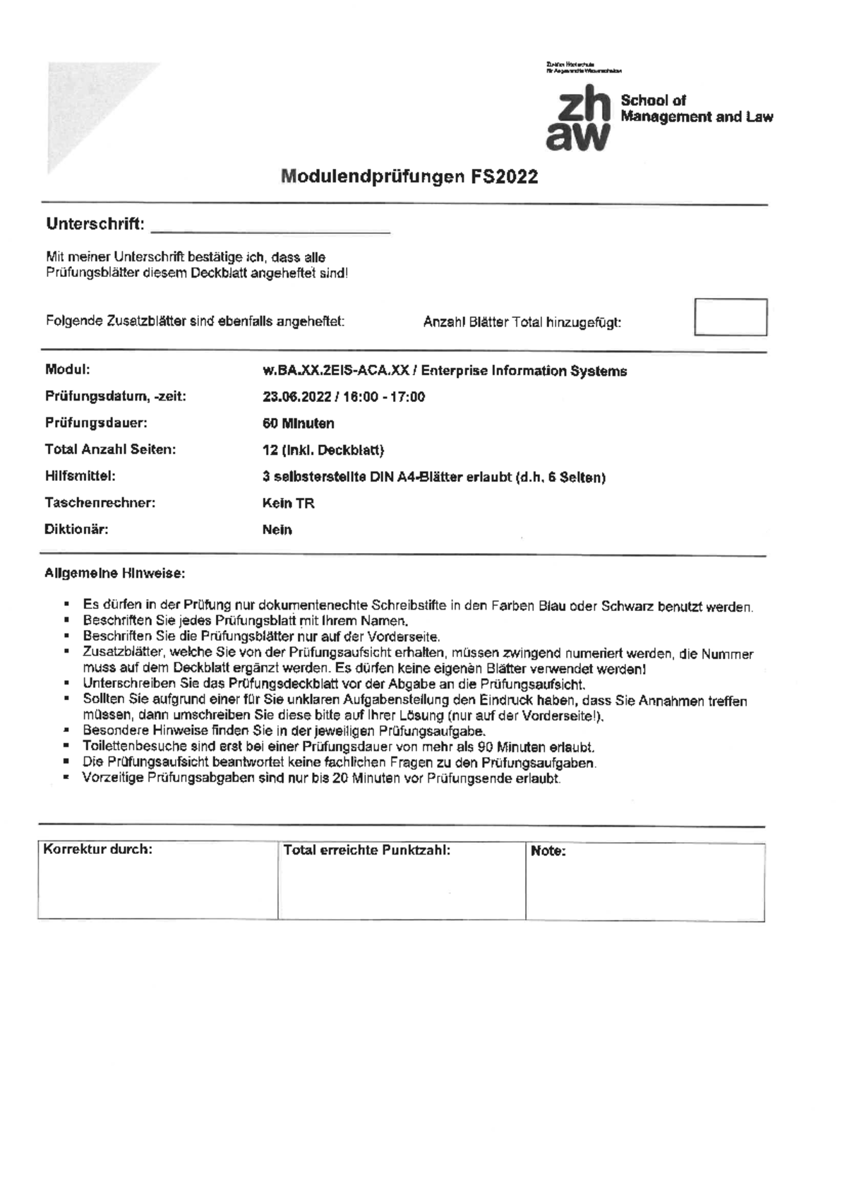 Modulendprüfungen FS2022: Enterprise Information Systems & Fallstudien ...