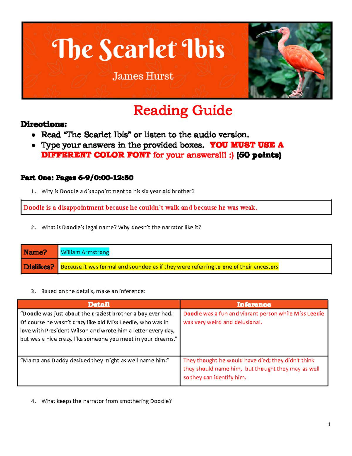 The Scarlet Ibis Study Guide (ENG 101) - Key Questions & Analysis - Studocu