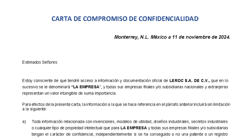 CARTA DE COMPROMISO DE CONFIDENCIALIDAD - LEROC S.A. - Studocu