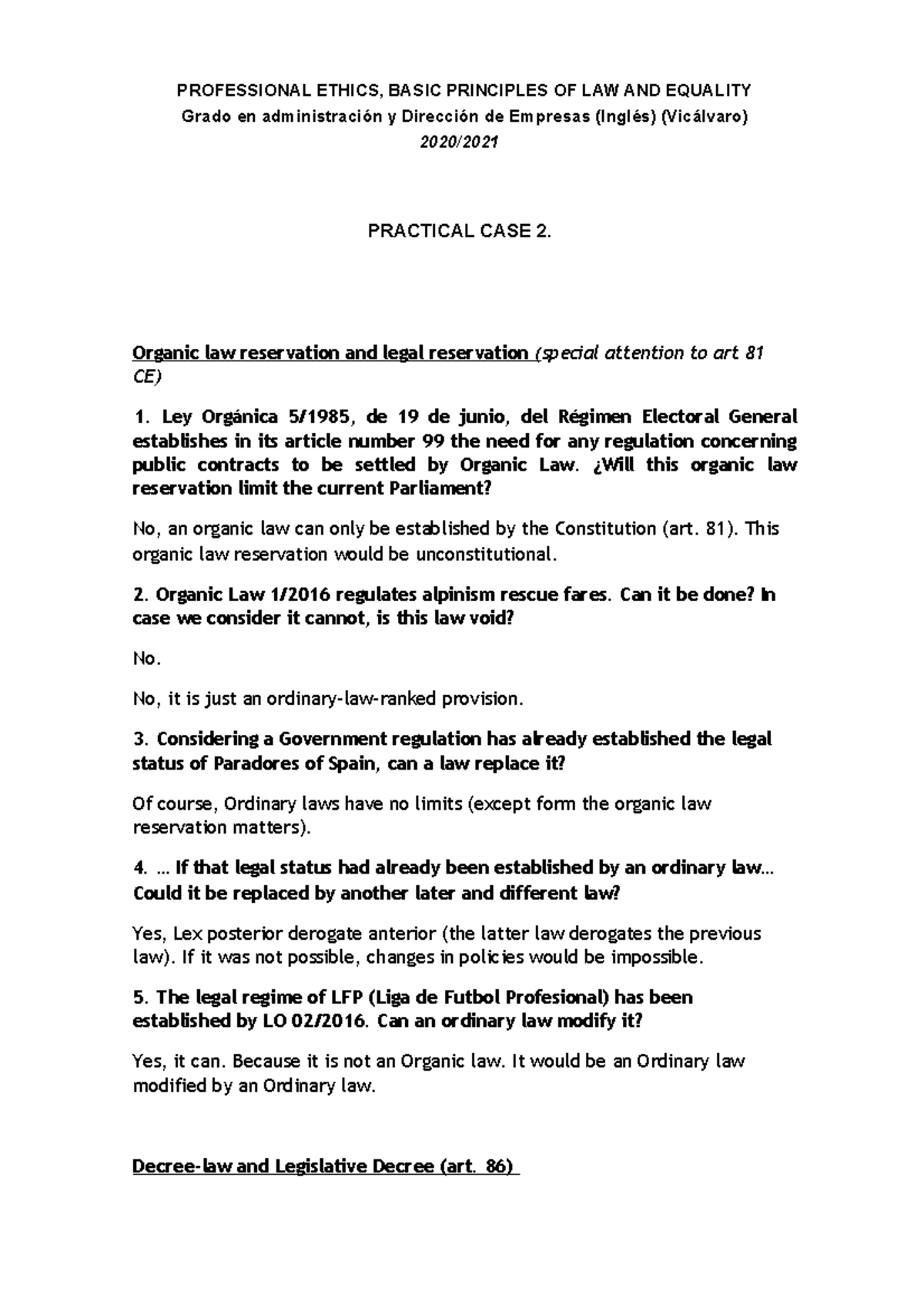 Practice Case 2: Organic Law and Legal Reservations in Ethics and Law ...