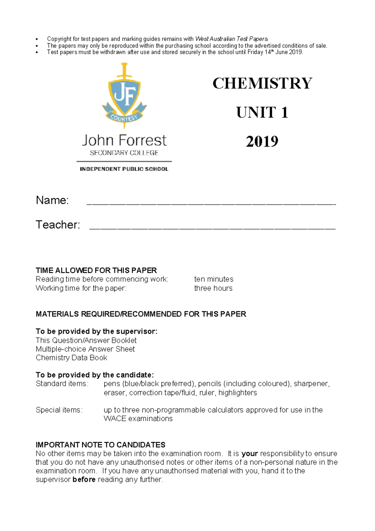 2019 Chemistry Unit 1 Final Exam Paper - Studocu