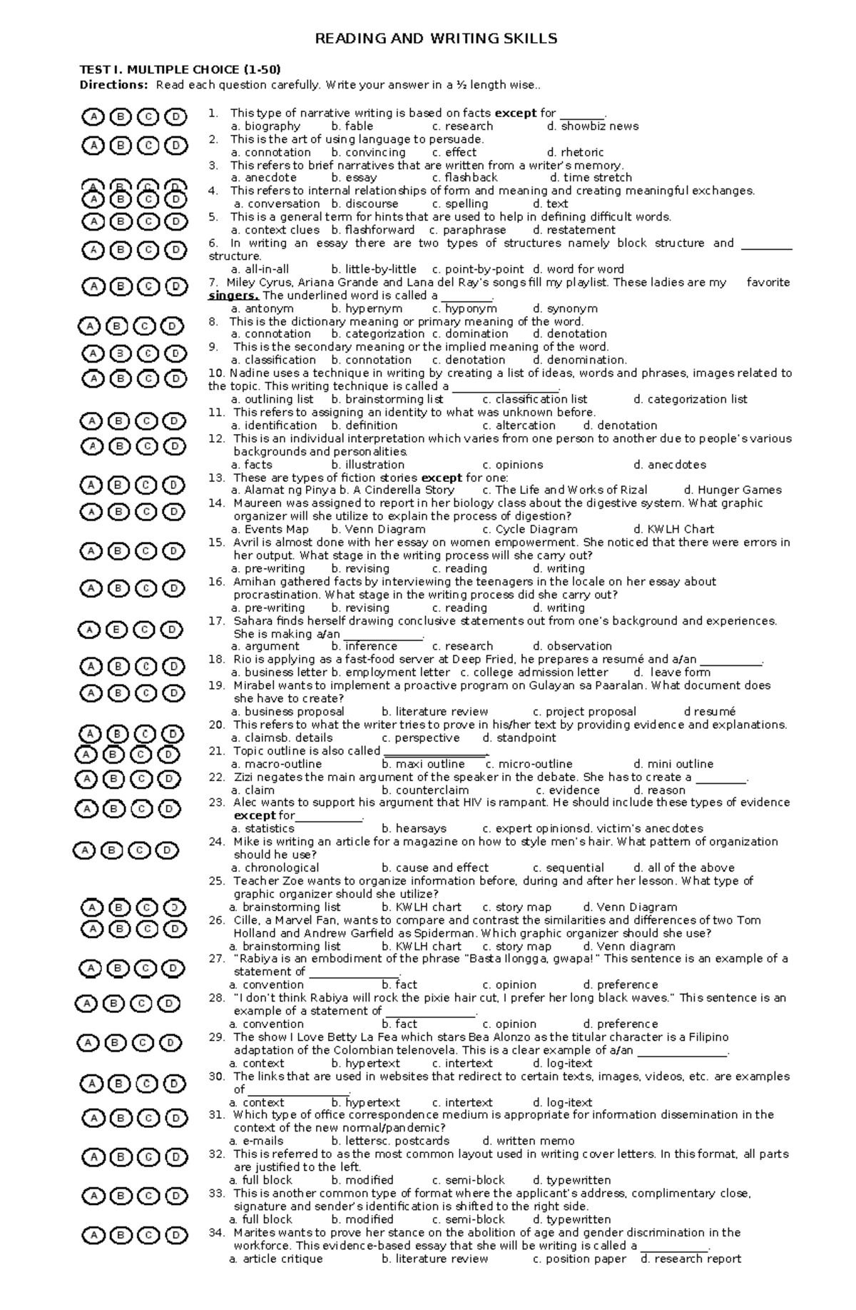 READING AND WRITING SKILLS TEST I: DIAGNOSTIC MULTIPLE CHOICE - Studocu