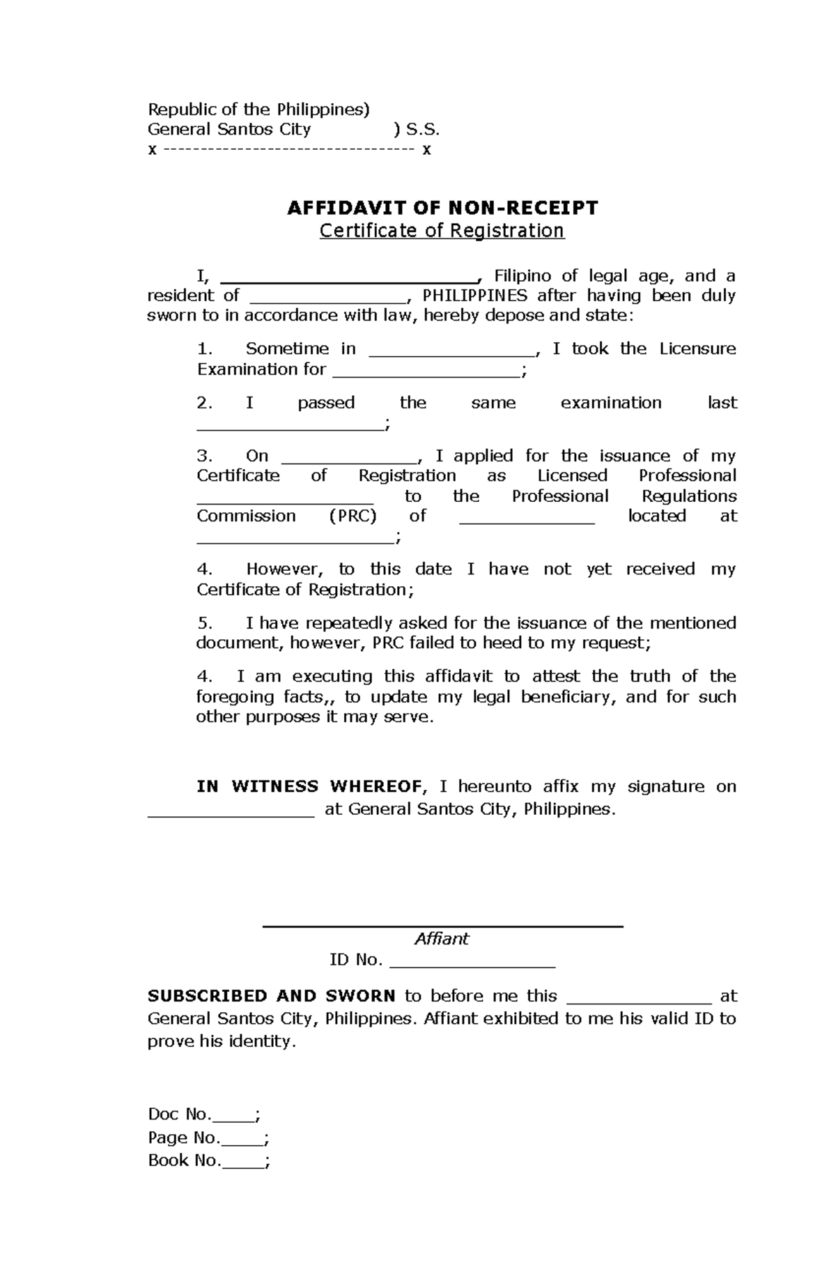 Affidavit of Non-Receipt for Certificate of Registration - Philippines ...