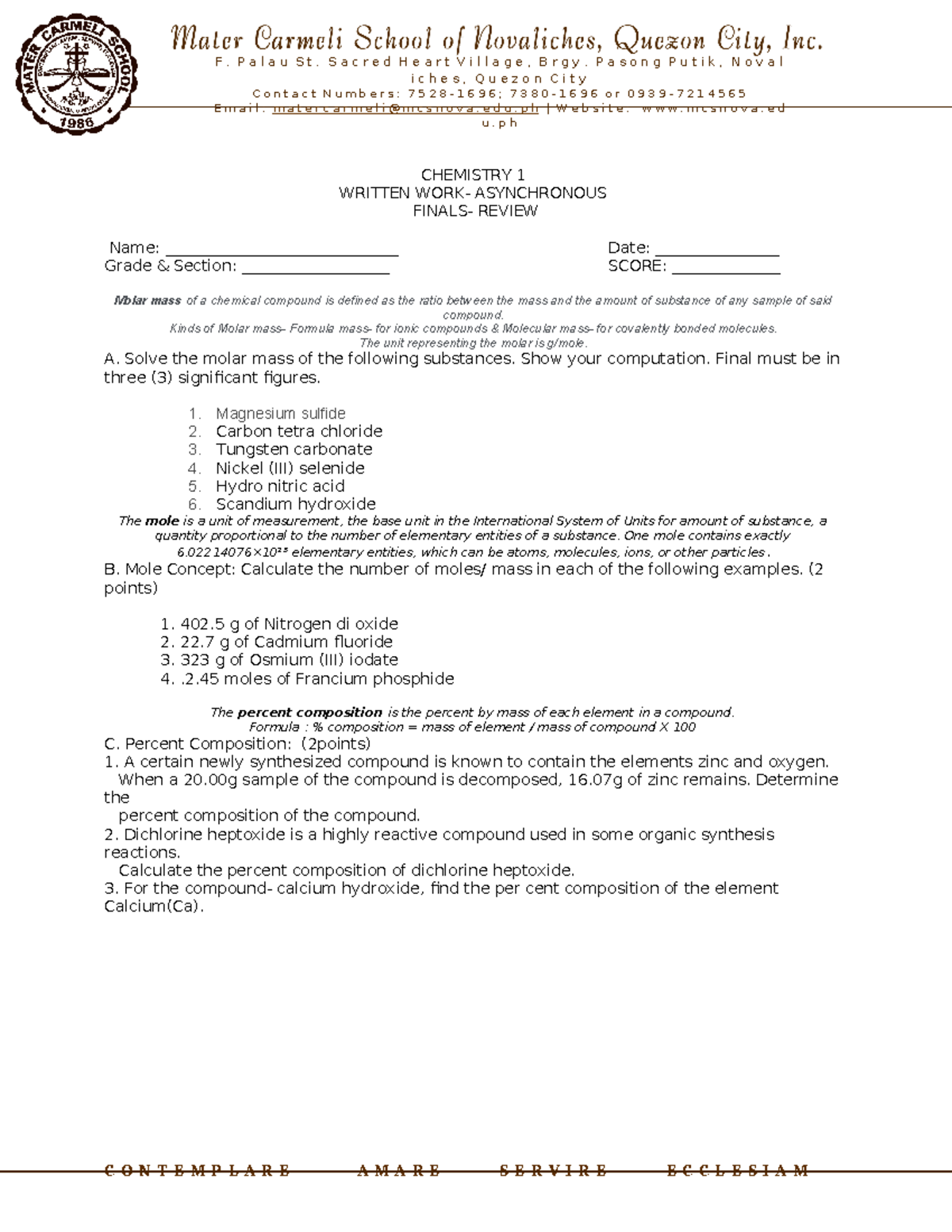 Activity chem 1 asynchronous April 30 , 2024 - F. P a l a u S t. S a c r e d H e a r t V i l l a ...