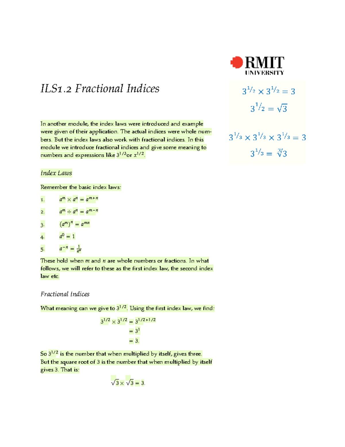 Fractional Indices ILS1.2: Understanding and Applying Index Laws - Studocu