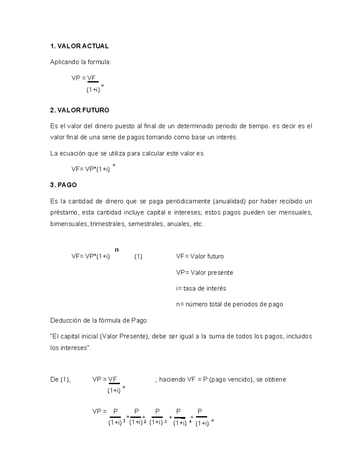 Resumen DE Formulas Financieras - 1. VALOR ACTUAL Aplicando la formula ...