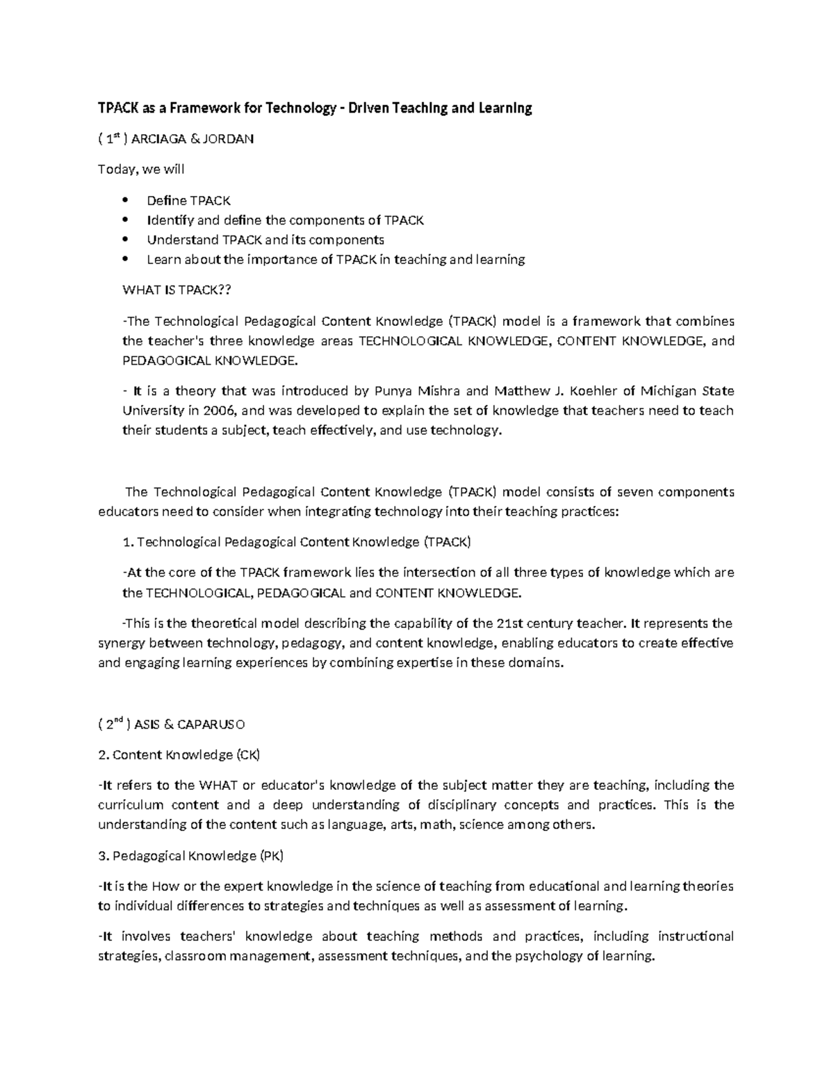 TPACK Framework for Tech-Driven Teaching and Learning Overview - Studocu