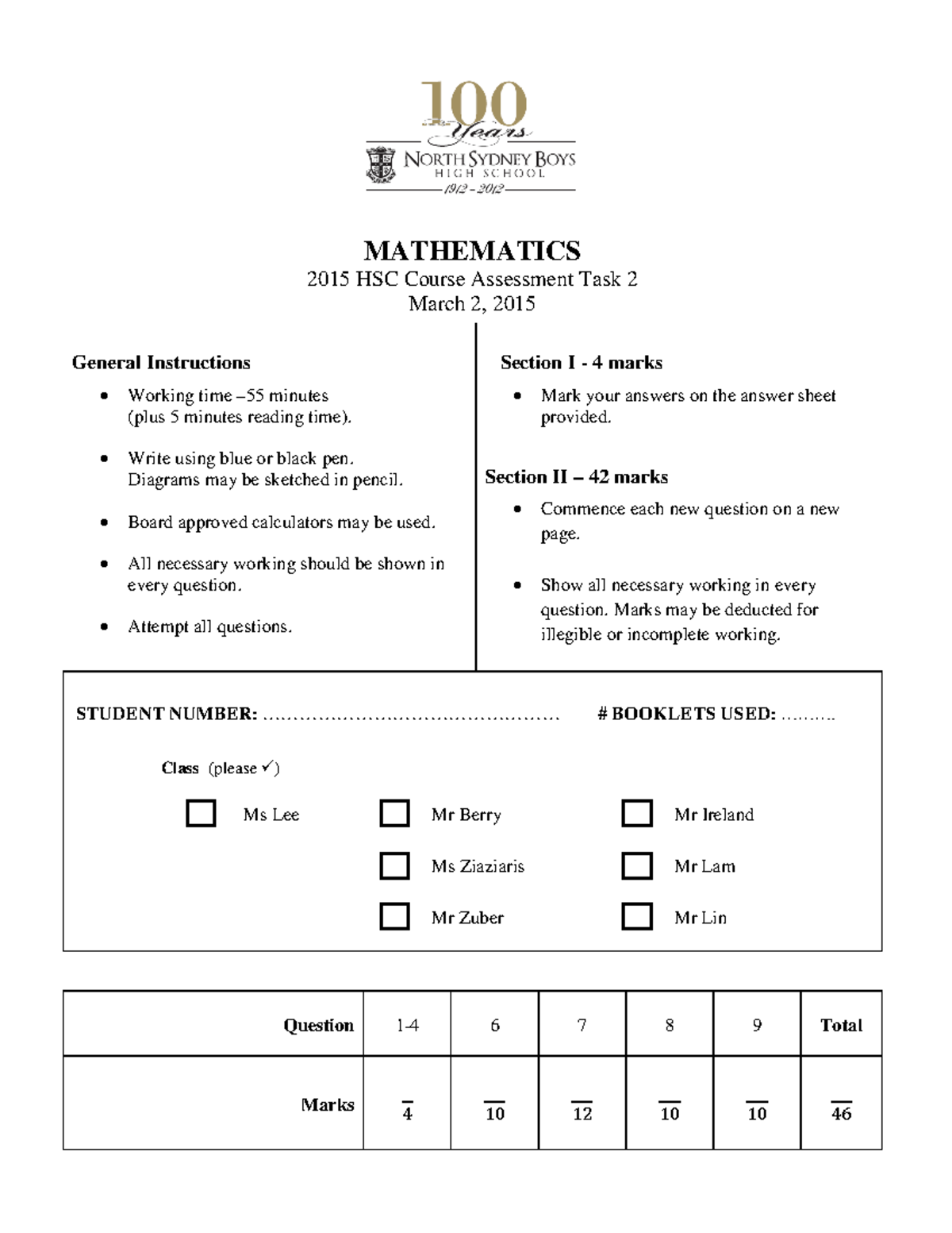 MATHEMATICS 2015 HSC 2U Course Assessment Task 2 Solutions - Studocu