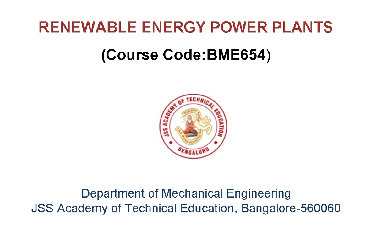 Renewable Energy Power Plants Overview (Course Code: BME654) - Studocu