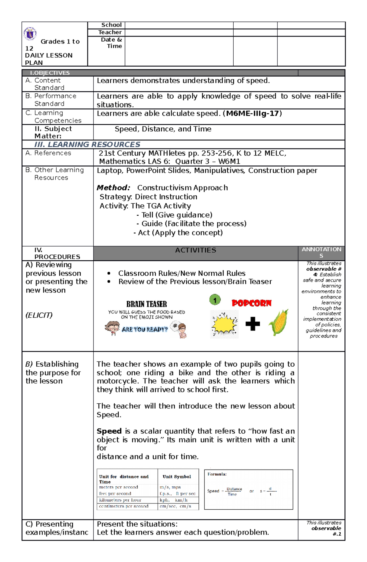 Grade 6 MATH - Daily Lesson Plan on Speed and Distance - Studocu