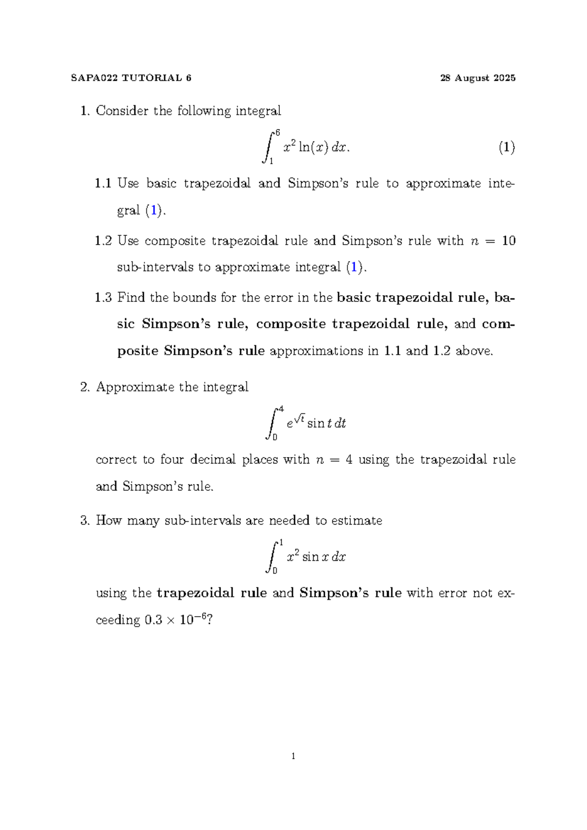 SAPA022 Tutorial 6: Integral Approximations and Error Analysis - Studocu
