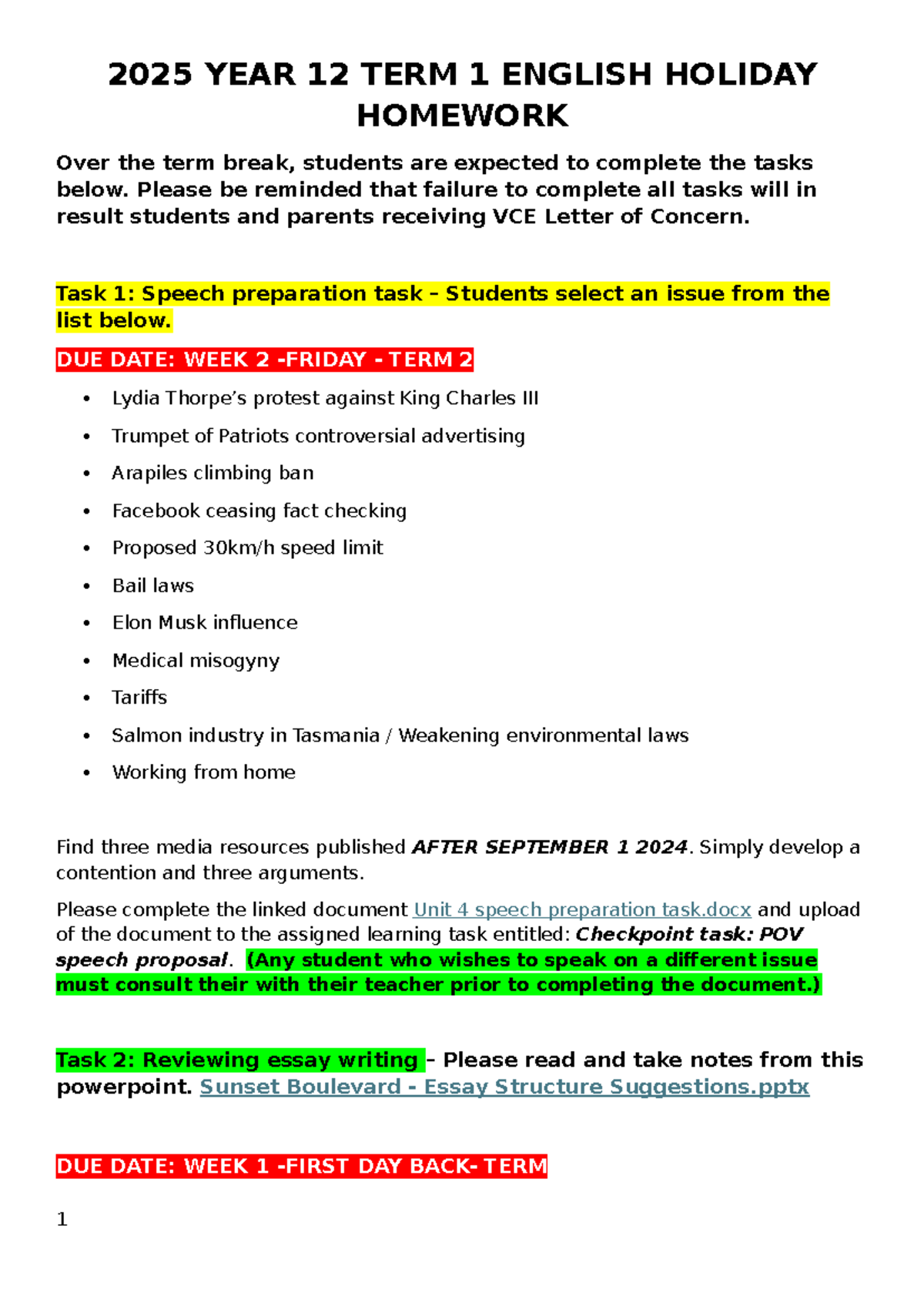 2025 VCE Year 12 Term 1 English Holiday Homework Tasks - Studocu